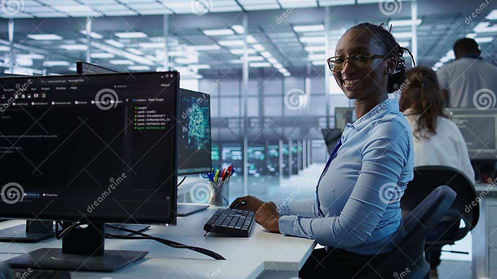 Portrait of Happy Computer Scientist Programming in AI Data Center ...