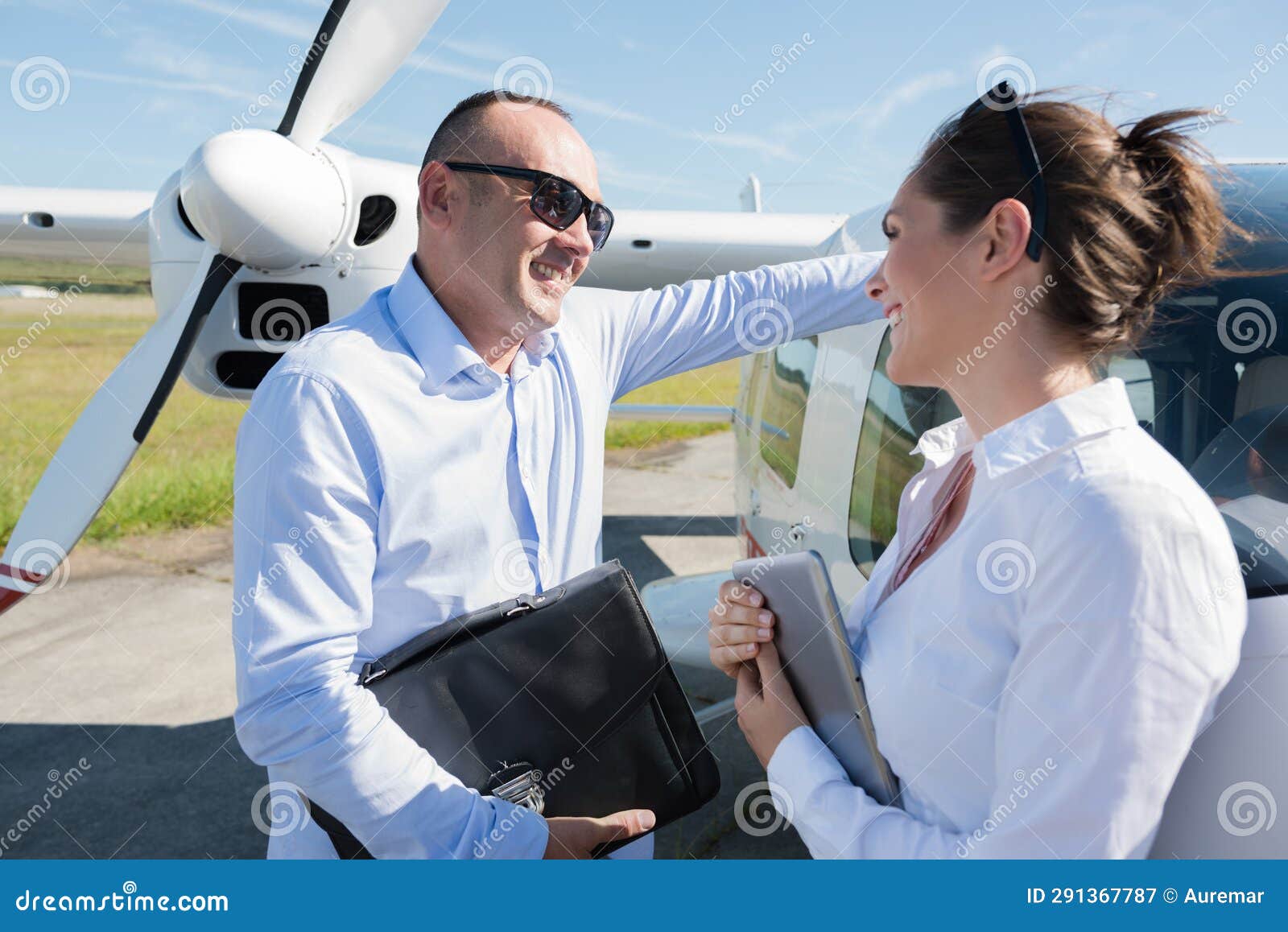 Portrait Happy Confident Airhostess and Pilot Stock Image - Image of ...