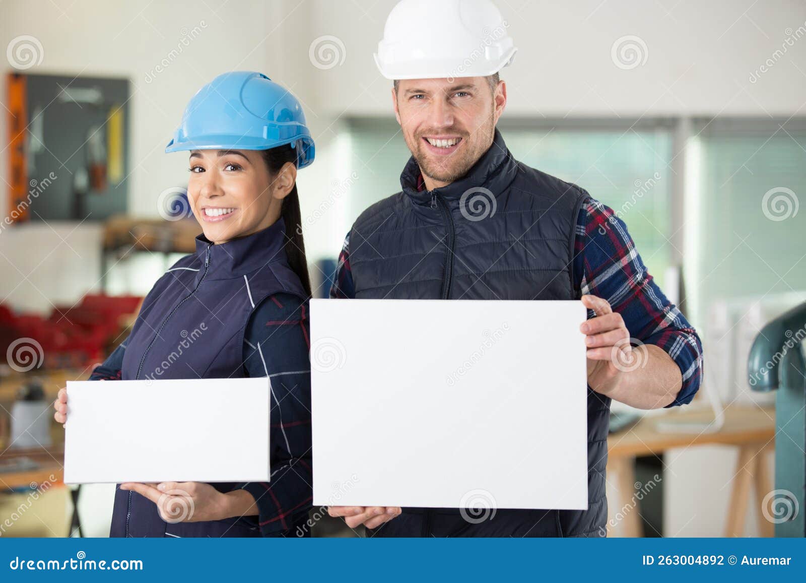 Portrait Happy Construction Workers Holding Blank Billboards Stock ... Portrait Happy Construction Workers Holding Blank Billboards Stock ...
