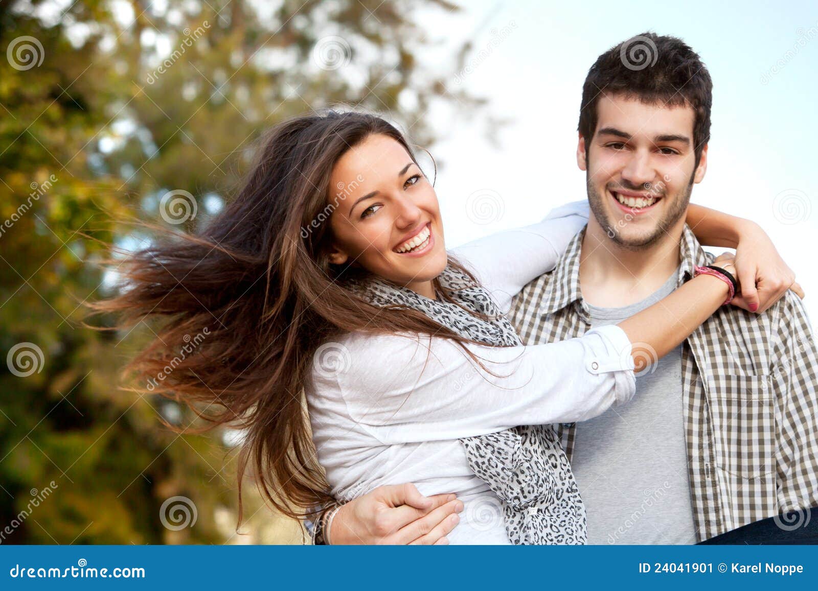 Portrait of Happy Couple Embracing Outdoors. Stock Image - Image of ...