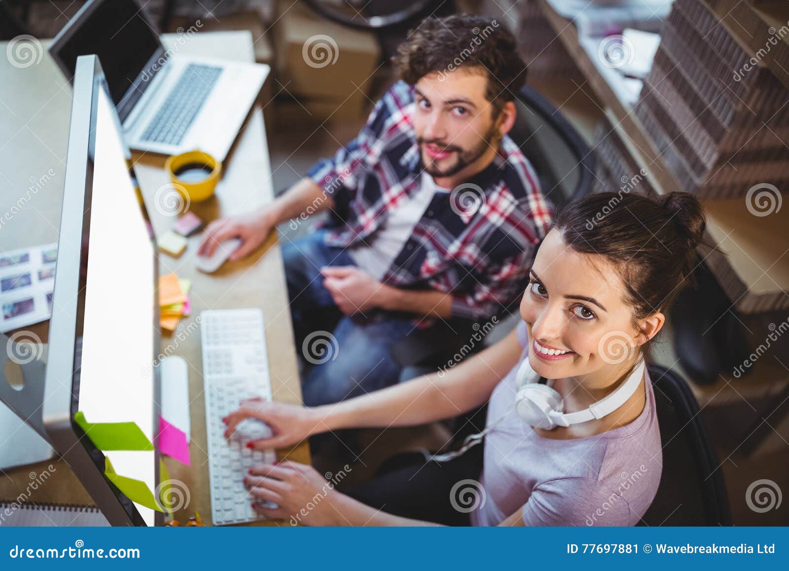 Portrait of Happy Coworkers Working at Computer Desk Stock Image ...