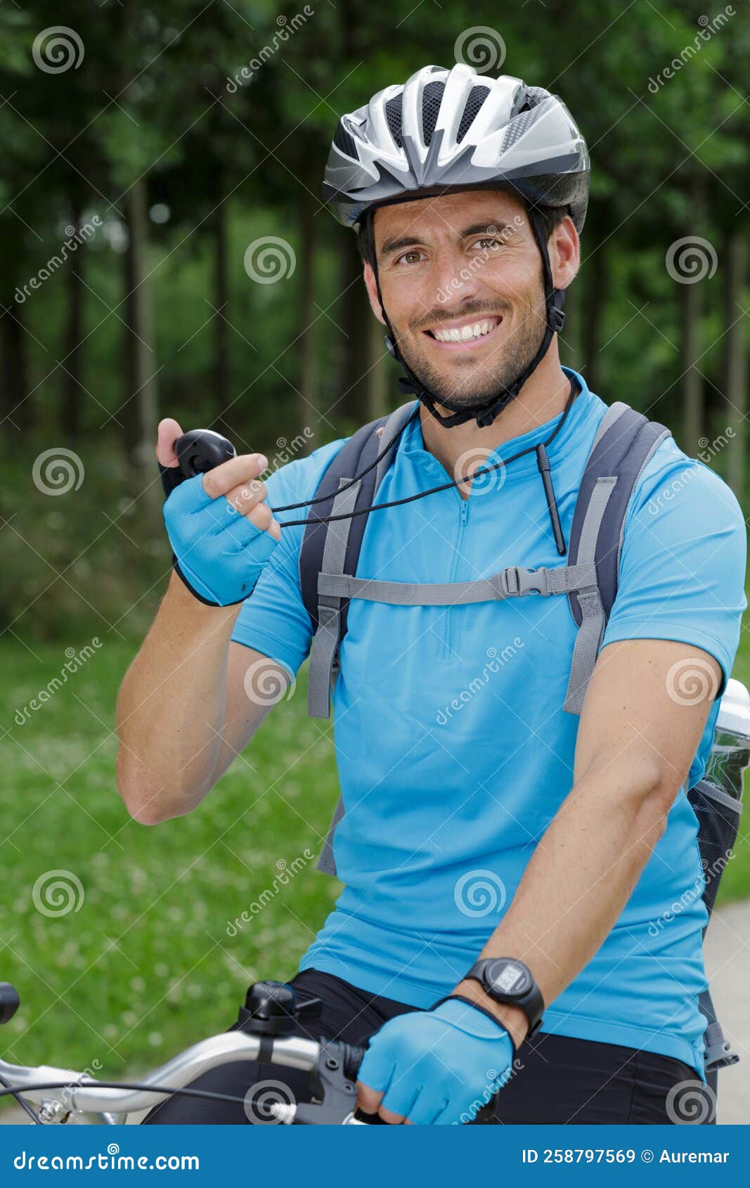 Portrait Happy Cyclist in Forest Stock Image - Image of tree, bike ...
