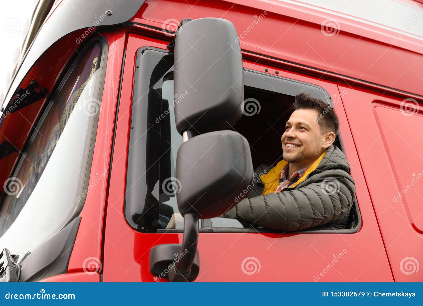 Portrait of Happy Driver in Cab of Truck Stock Image - Image of ...