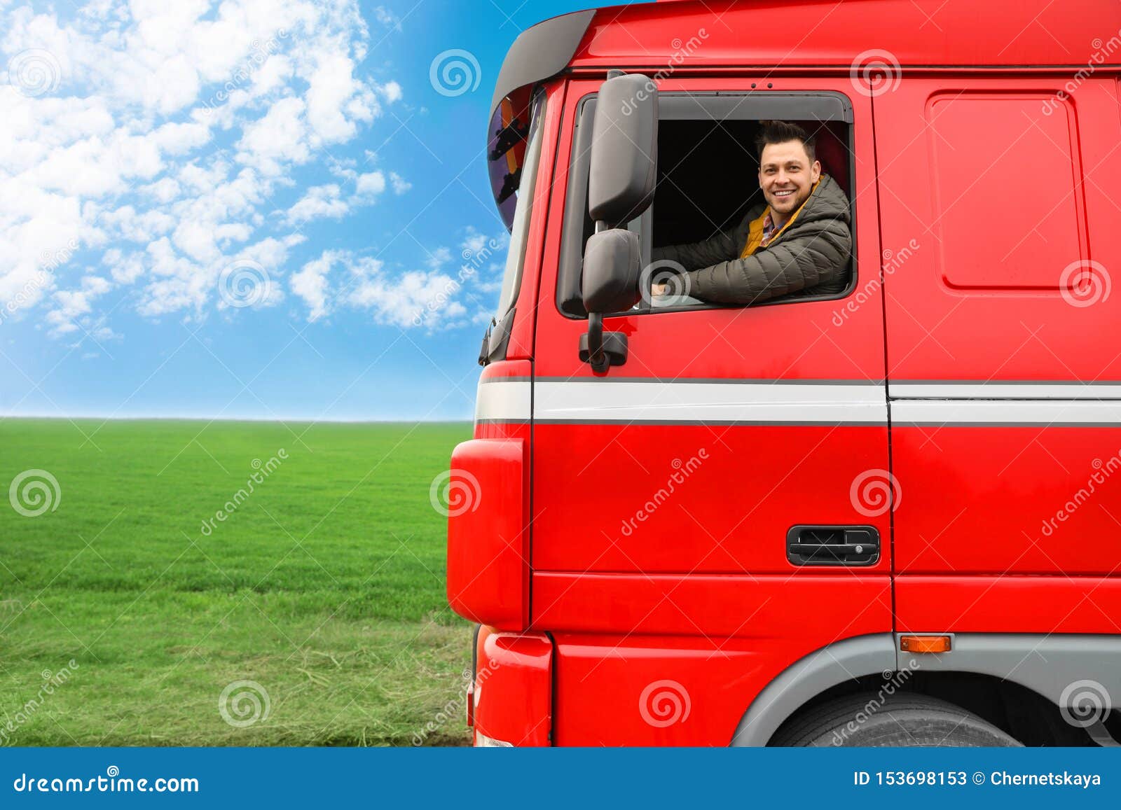 Portrait of Happy Driver in Cab of Truck Stock Image - Image of adult ...