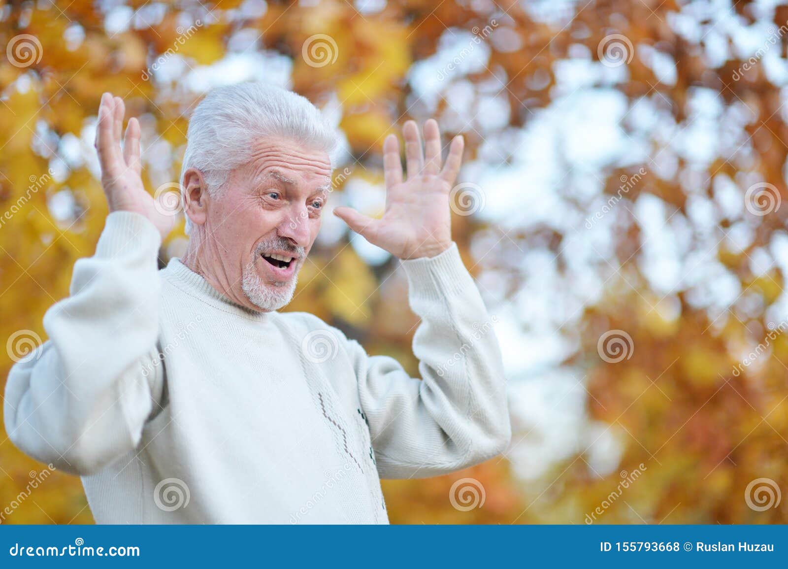 Portrait of Happy Elderly Man Posing in Autumn Park Stock Photo - Image ...