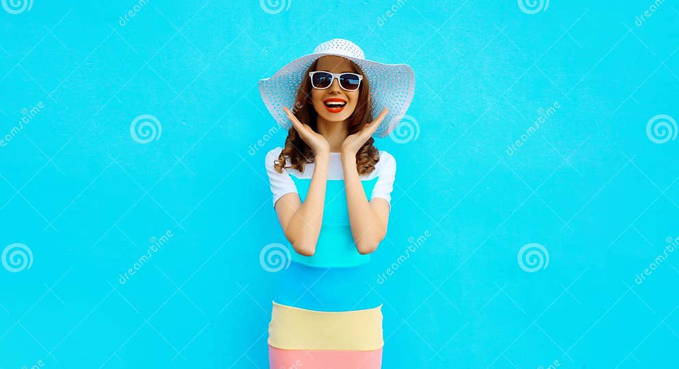 Portrait Of Happy Excited Surprised Young Woman Wearing Straw Hat And