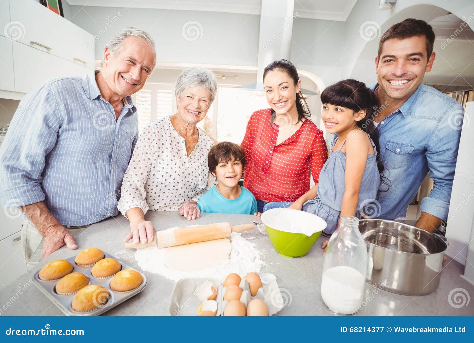 Portrait of Happy Family Making Bread in Kitchen Stock Image - Image of ...