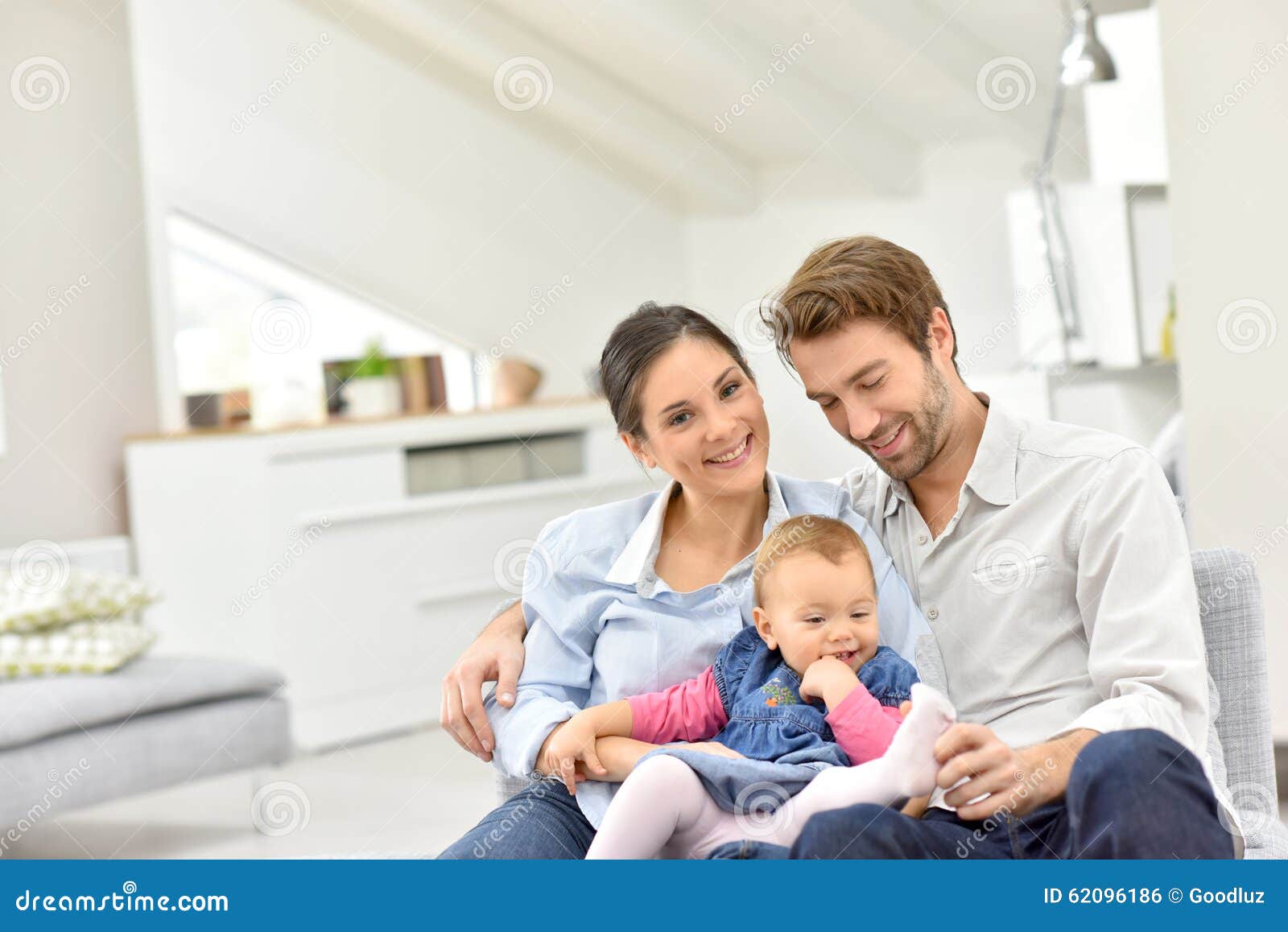 Portrait of Happy Family of Three at Home Stock Photo - Image of home ...