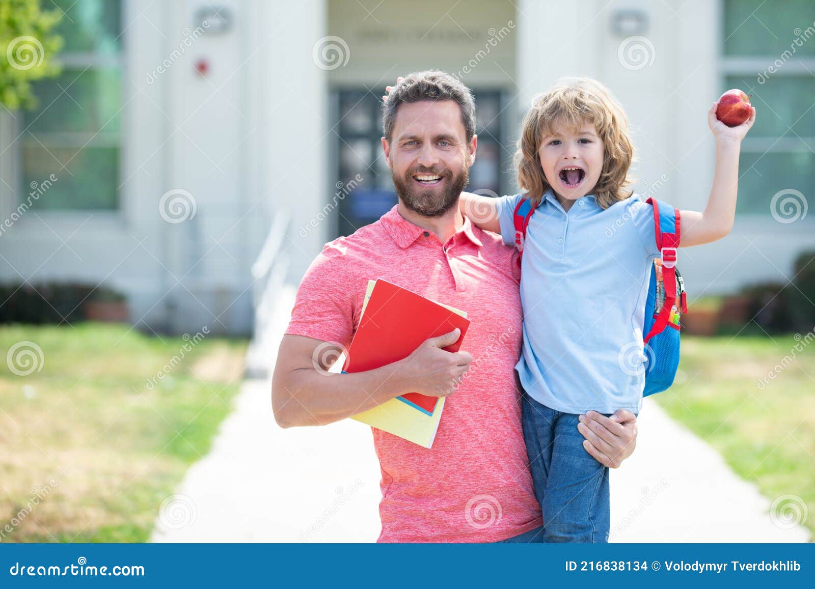 Portrait of Happy Father and Son Come Back from School. Stock Photo ...