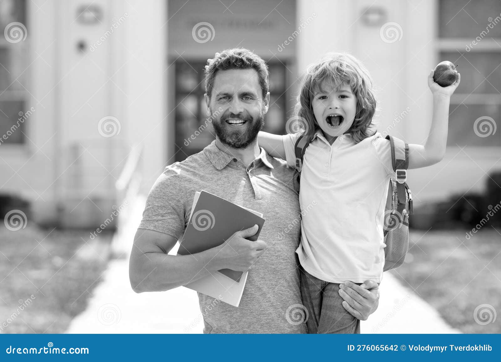 Portrait of Happy Father and Son Come Back from School. Stock Photo ...