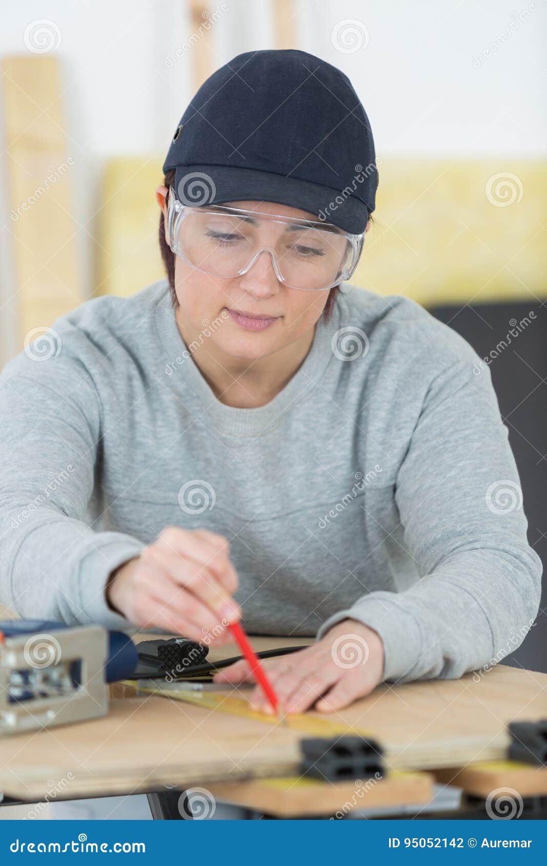 Portrait Happy Female Woodworker Drafting New Project at Workshop Stock ...