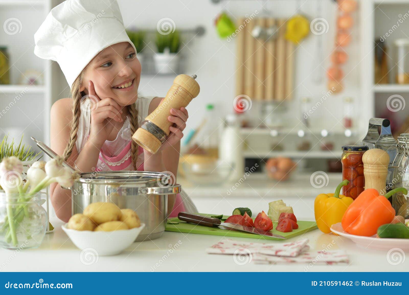 Portrait of Happy Girl Coocking on Kitchen Stock Photo - Image of ...