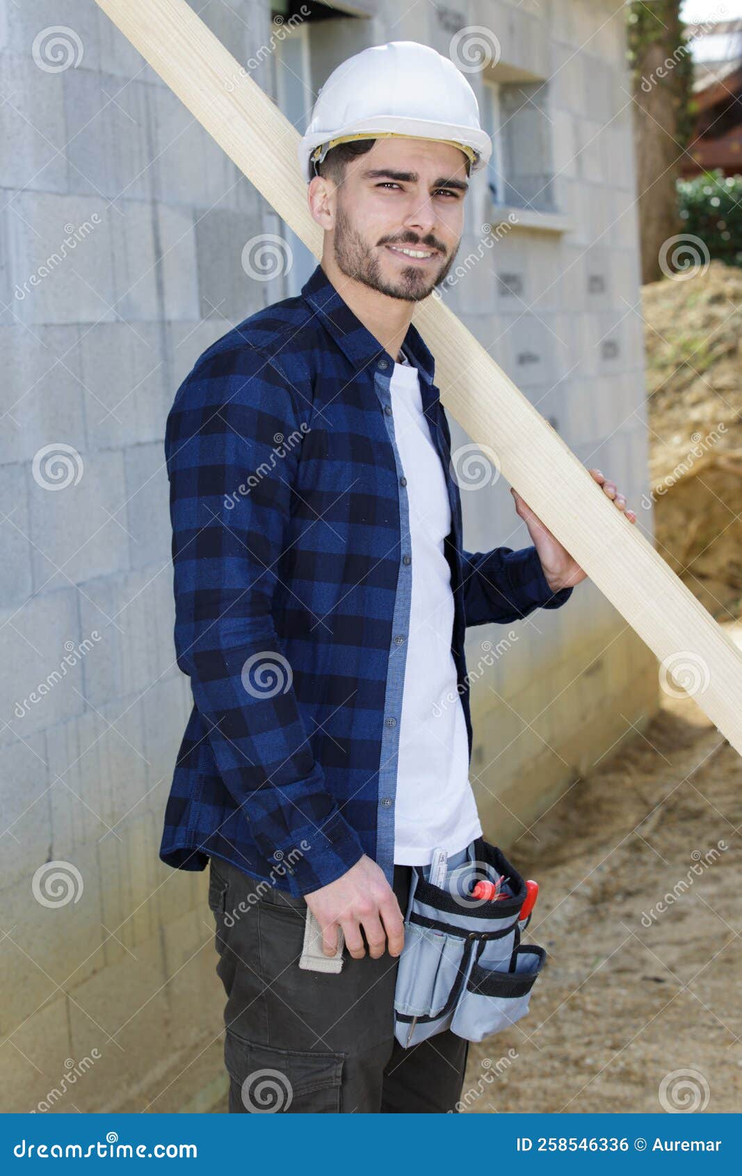Portrait Happy and Handsome Carpenter Holding Plank Stock Photo - Image ...