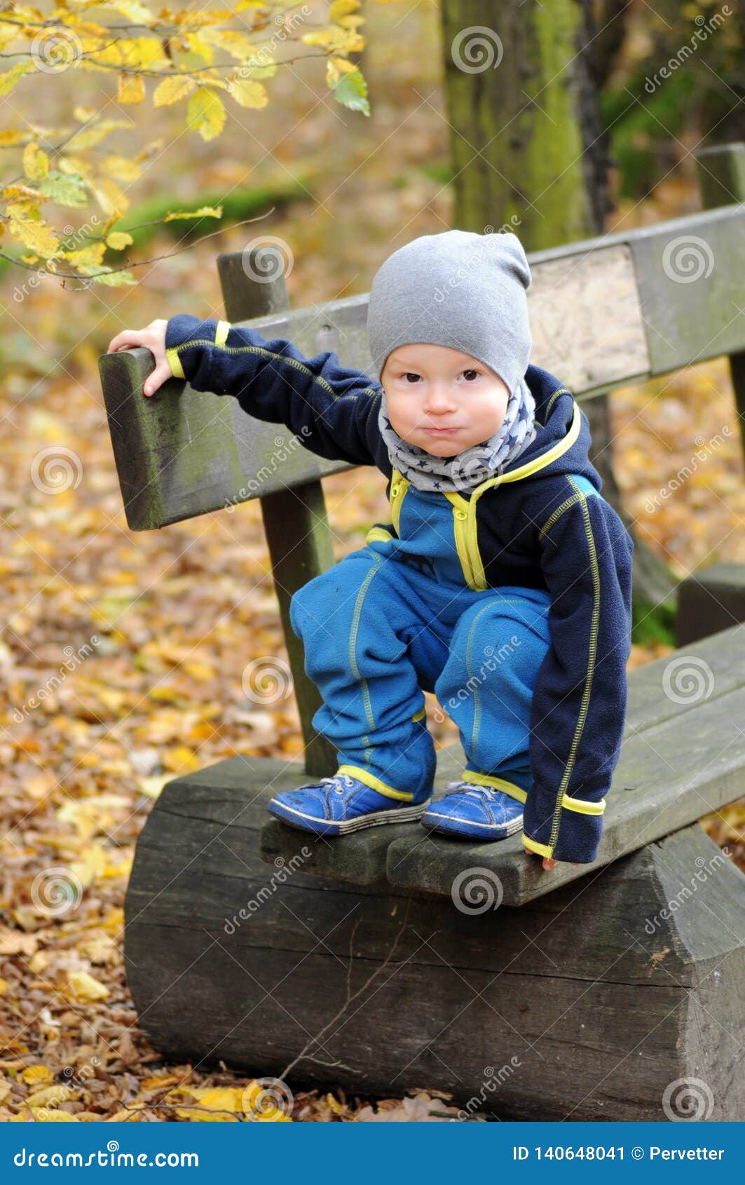 Portrait of a Happy Little Boy Sitting on a Bench Stock Image - Image ...