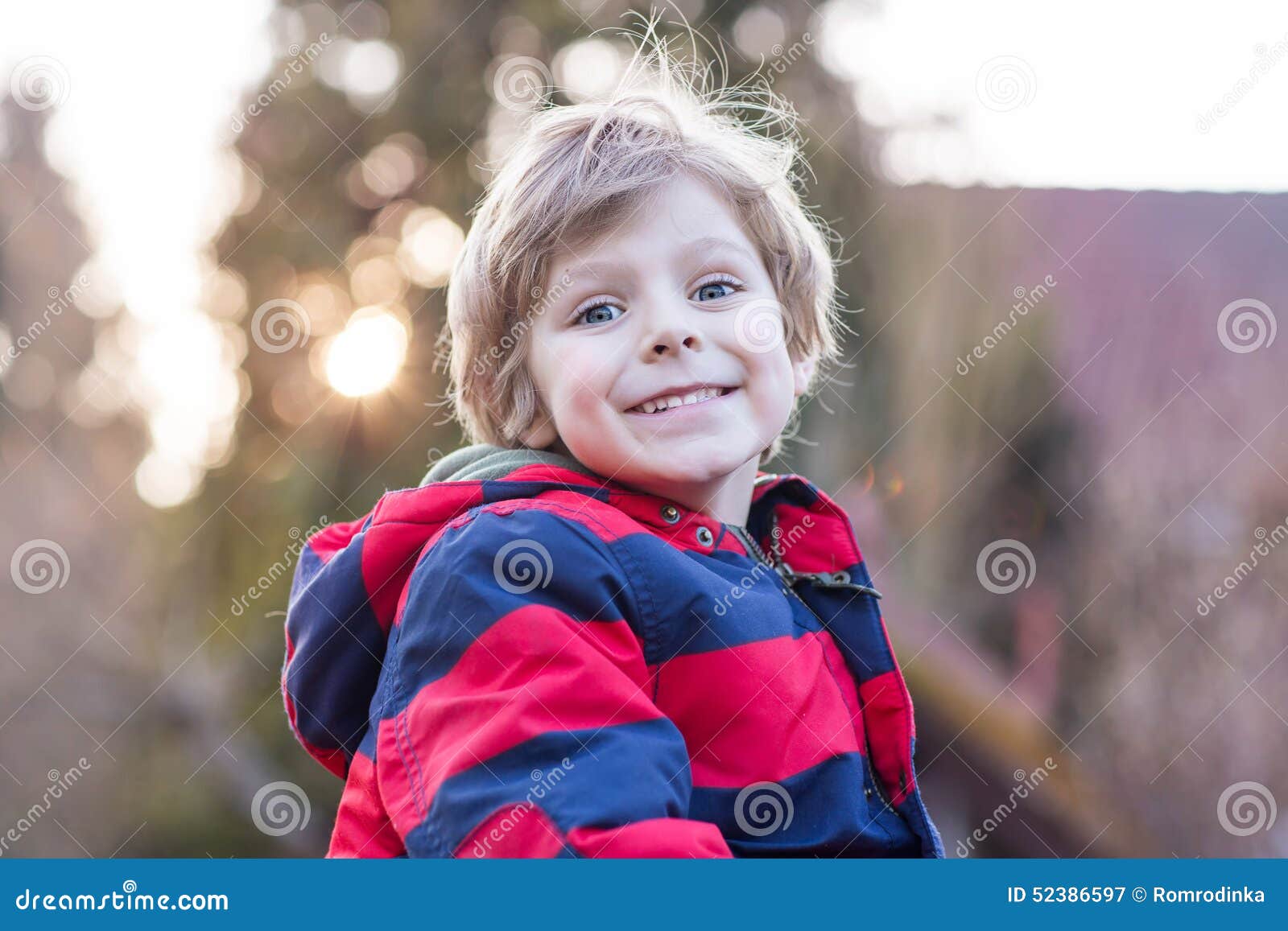 Portrait of Happy Little Kid Boy in Red Jacket, Outdoors Stock Image ...