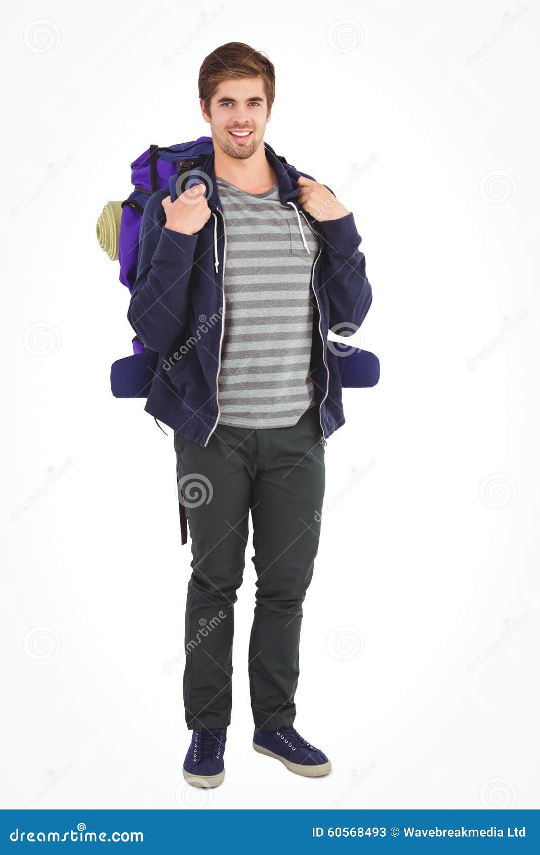 Portrait of Happy Man with Backpack Stock Image - Image of hair ...