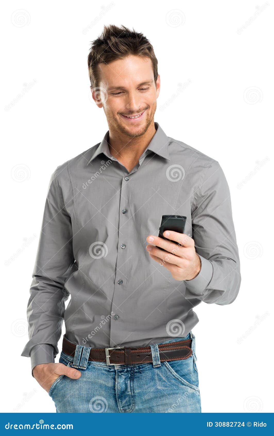 Portrait of Happy Man Using Mobile Stock Photo - Image of cheerful ...