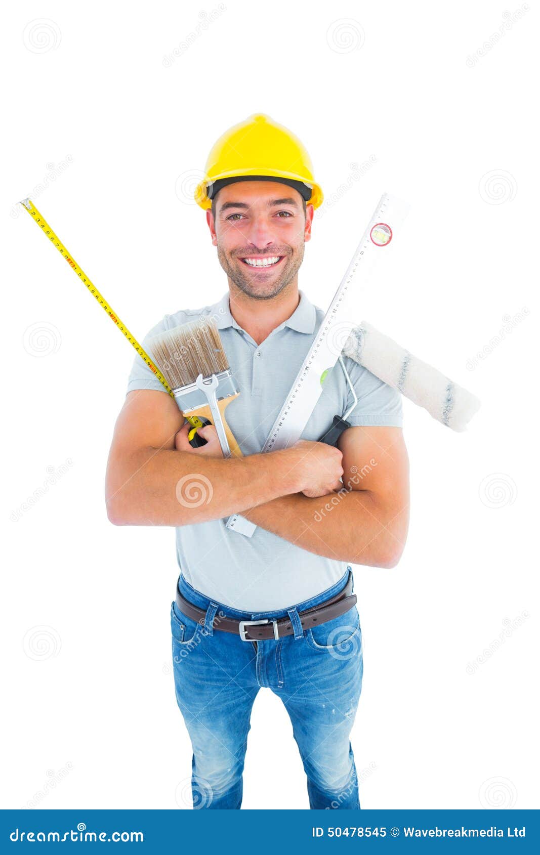 Portrait of Happy Manual Worker Holding Various Tools Stock Image ...