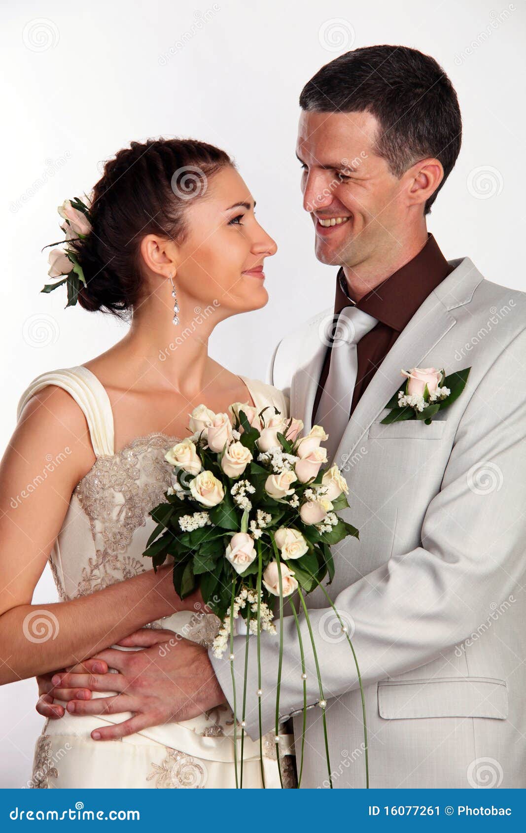 Portrait of Happy Newly Weds Stock Image - Image of embrace, flowers ...