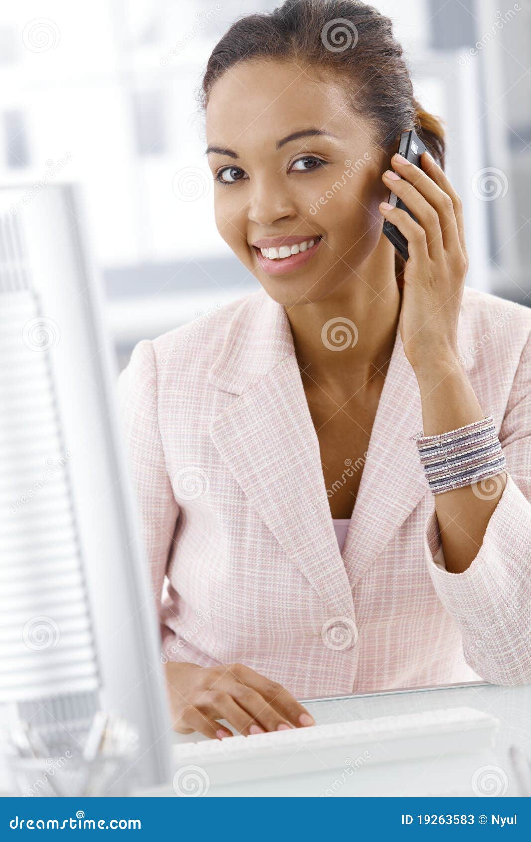 Portrait of Happy Office Worker on Phone Stock Image - Image of brown ...