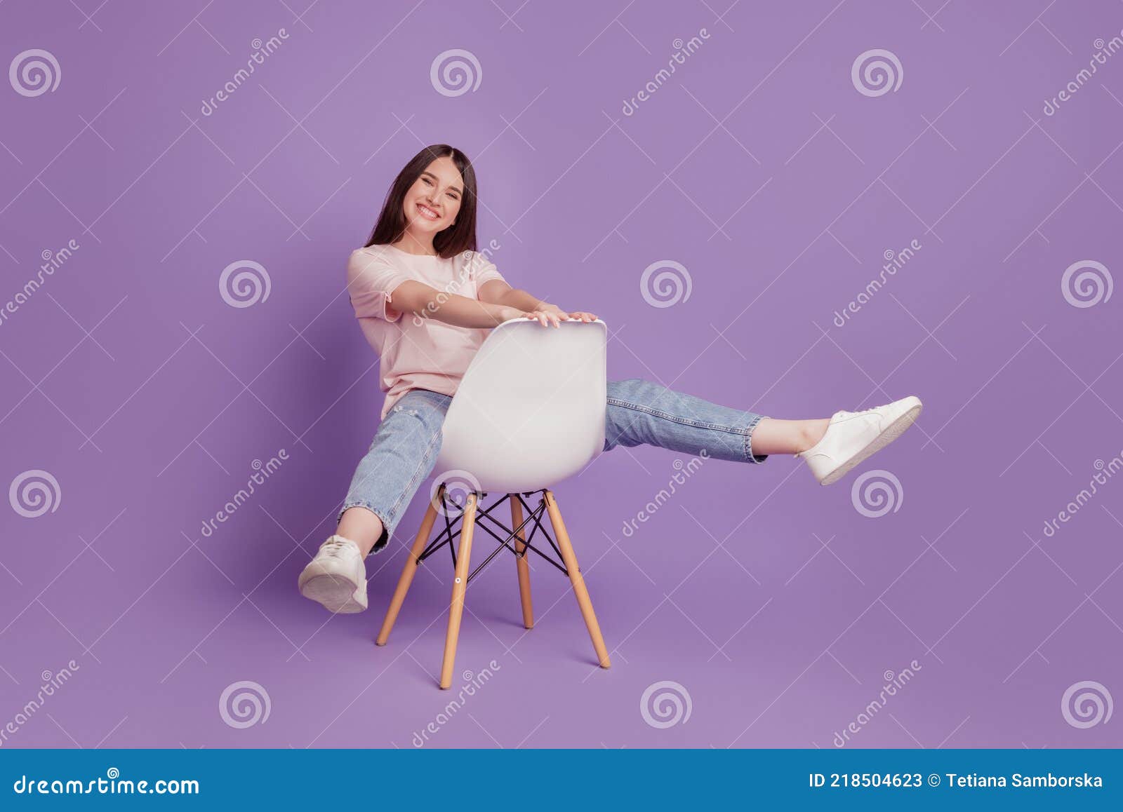 Portrait Of Happy Positive Girl Sit Chair Have Fun Carefree Mood Raise