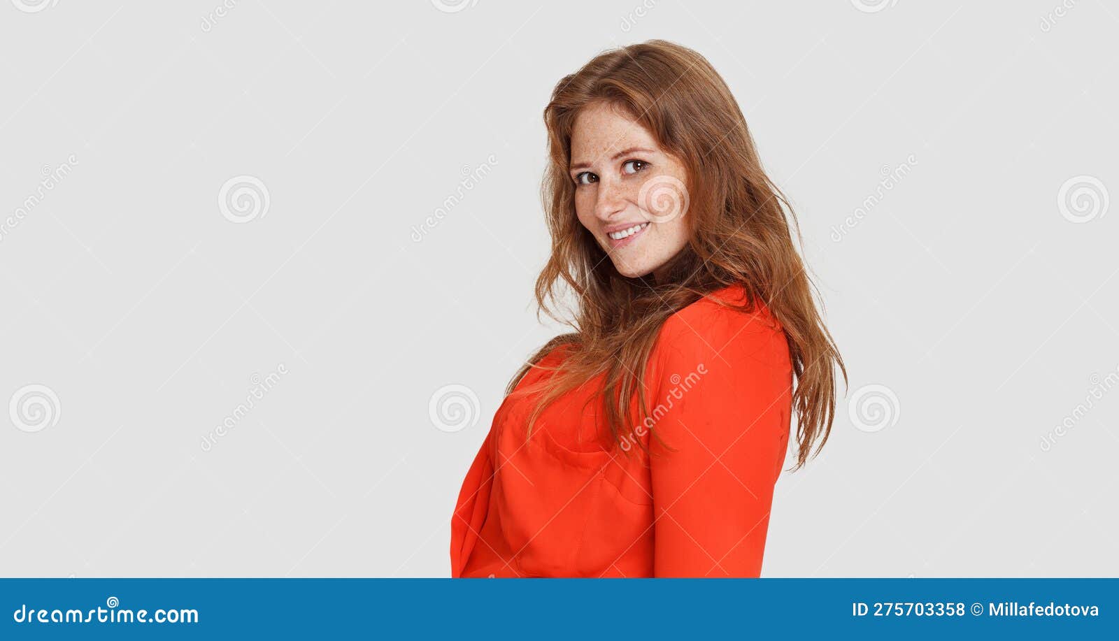 Portrait Of Happy Pretty Healthy Woman With Long Red Hair And Makeup On
