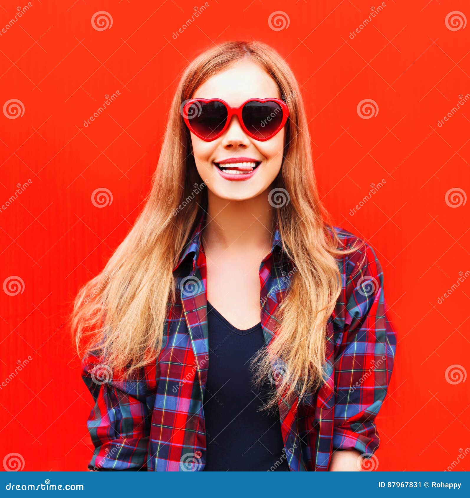 Portrait Happy Pretty Young Woman In Red Sunglasses Shape Heart Stock