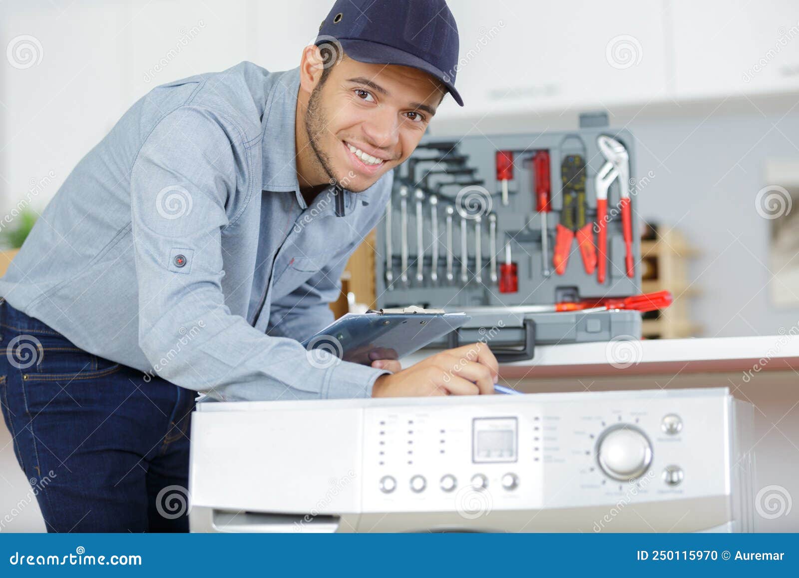 Portrait Happy Repairman Looking at Camera Stock Photo - Image of ...