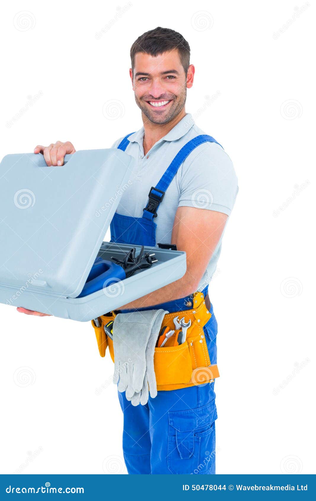 Portrait of Happy Repairman Opening Toolbox Stock Photo - Image of ...