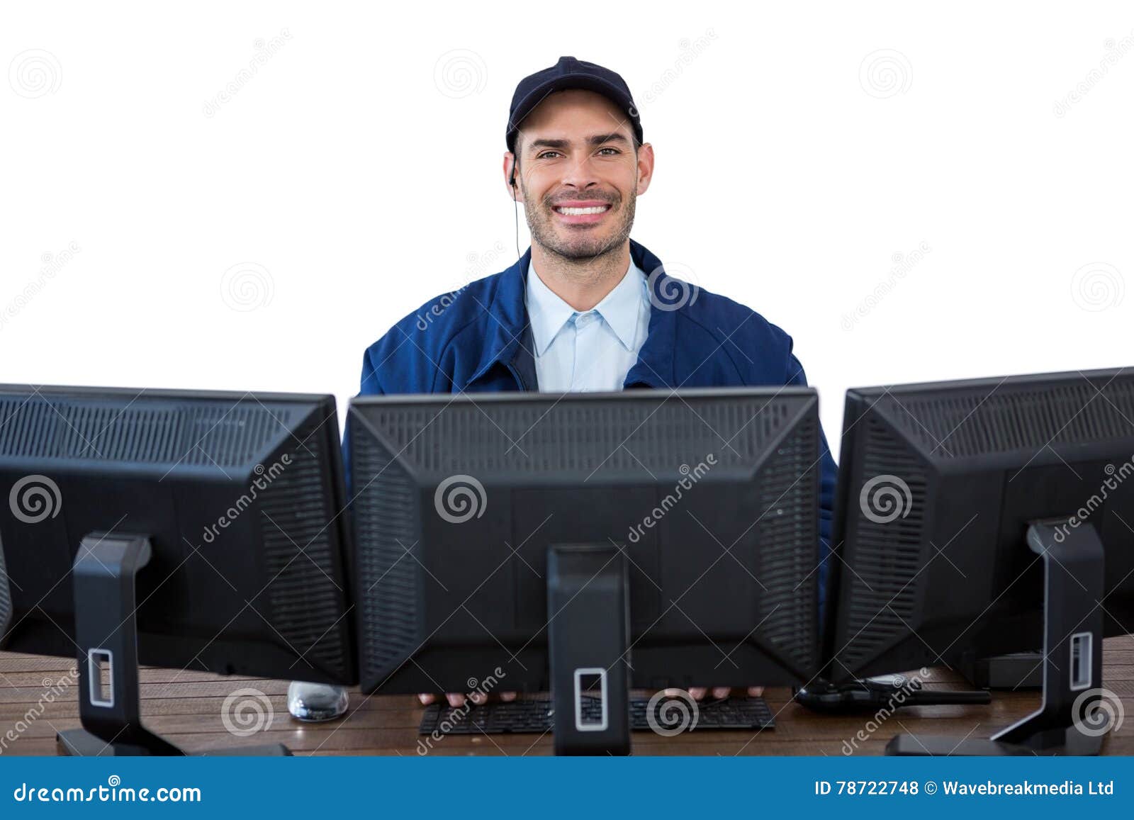 Portrait of Happy Security Officer Using Computer Stock Photo - Image ...