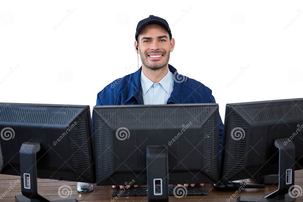 Portrait of Happy Security Officer Using Computer Stock Photo - Image ...