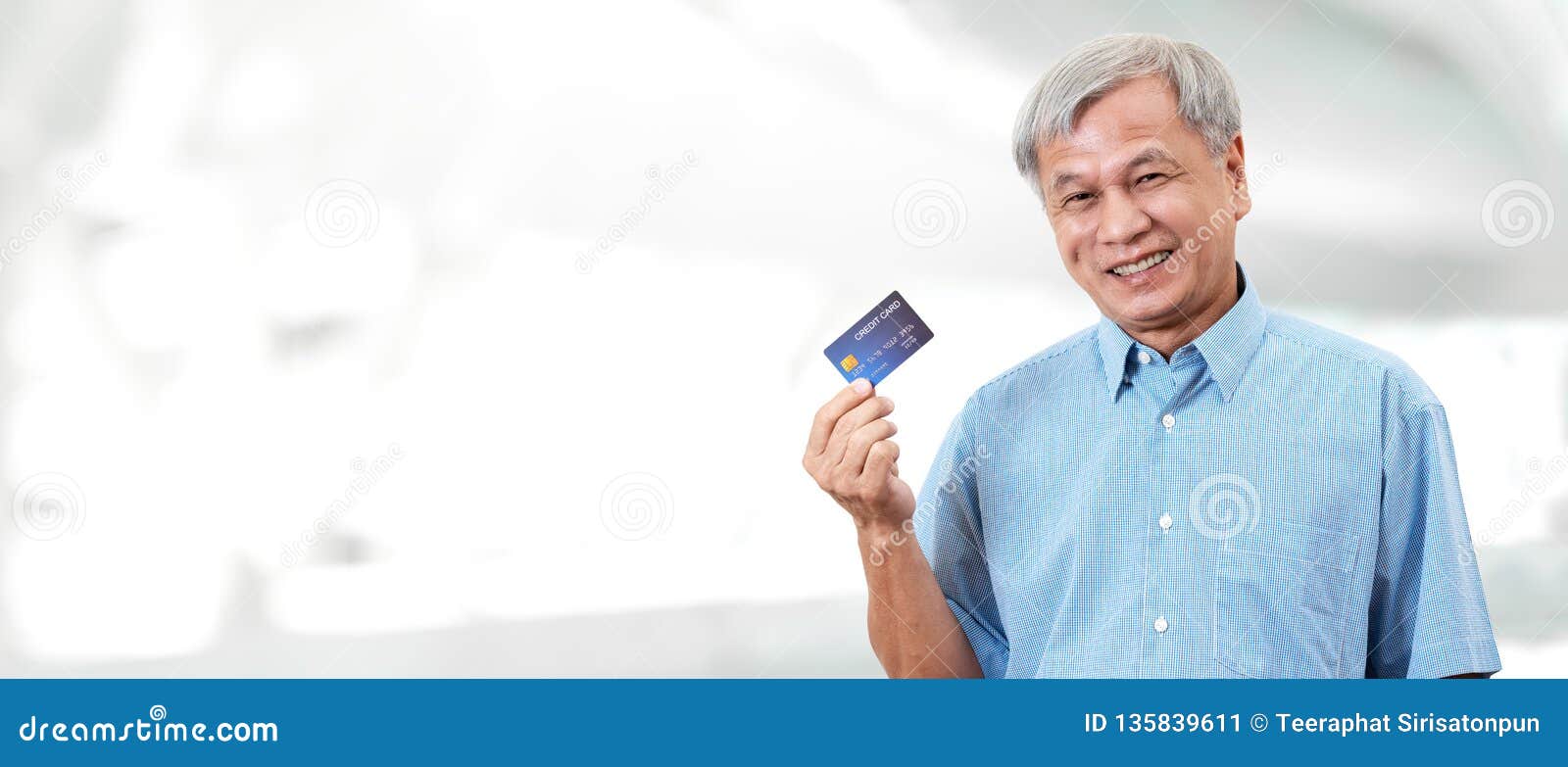 Portrait of Happy Senior Asian Man Holding Credit Card and Showing on ... Portrait of Happy Senior Asian Man Holding Credit Card and Showing on ...