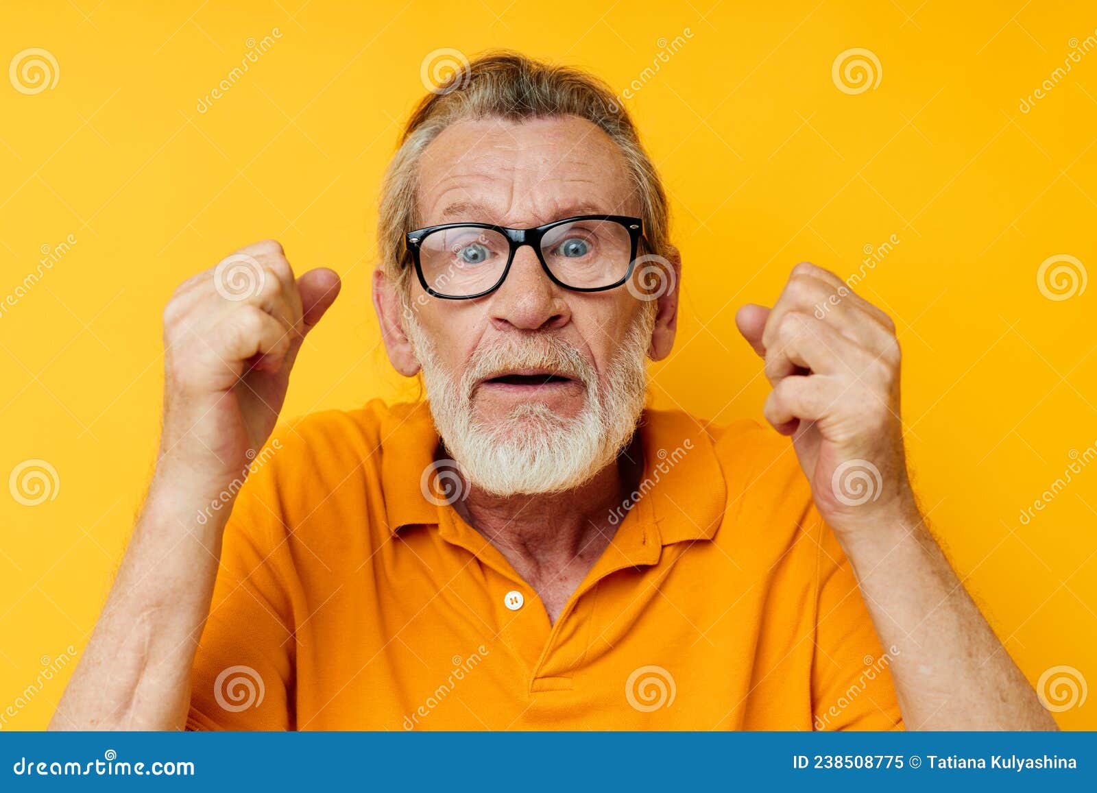 Portrait Of Happy Senior Man Posing Yellow Tshirt Glasses Cropped View