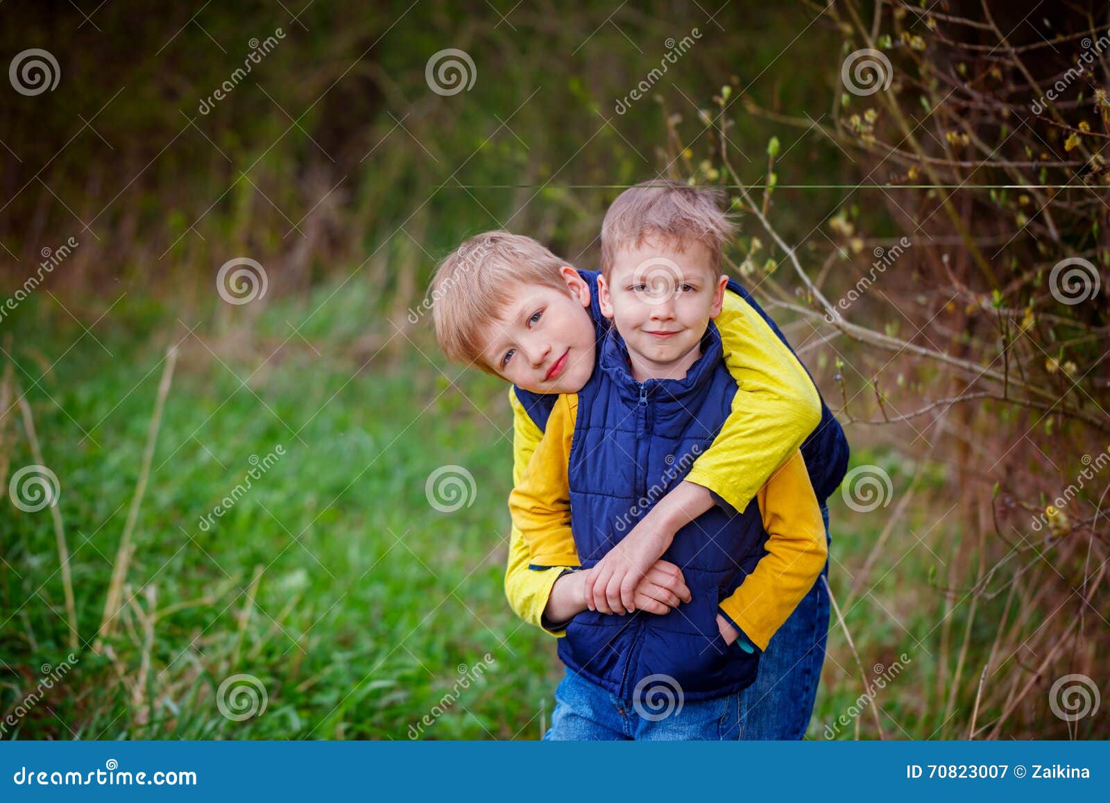 Portrait Happy Sibiling Brothers Together in the Park. Stock Image ...
