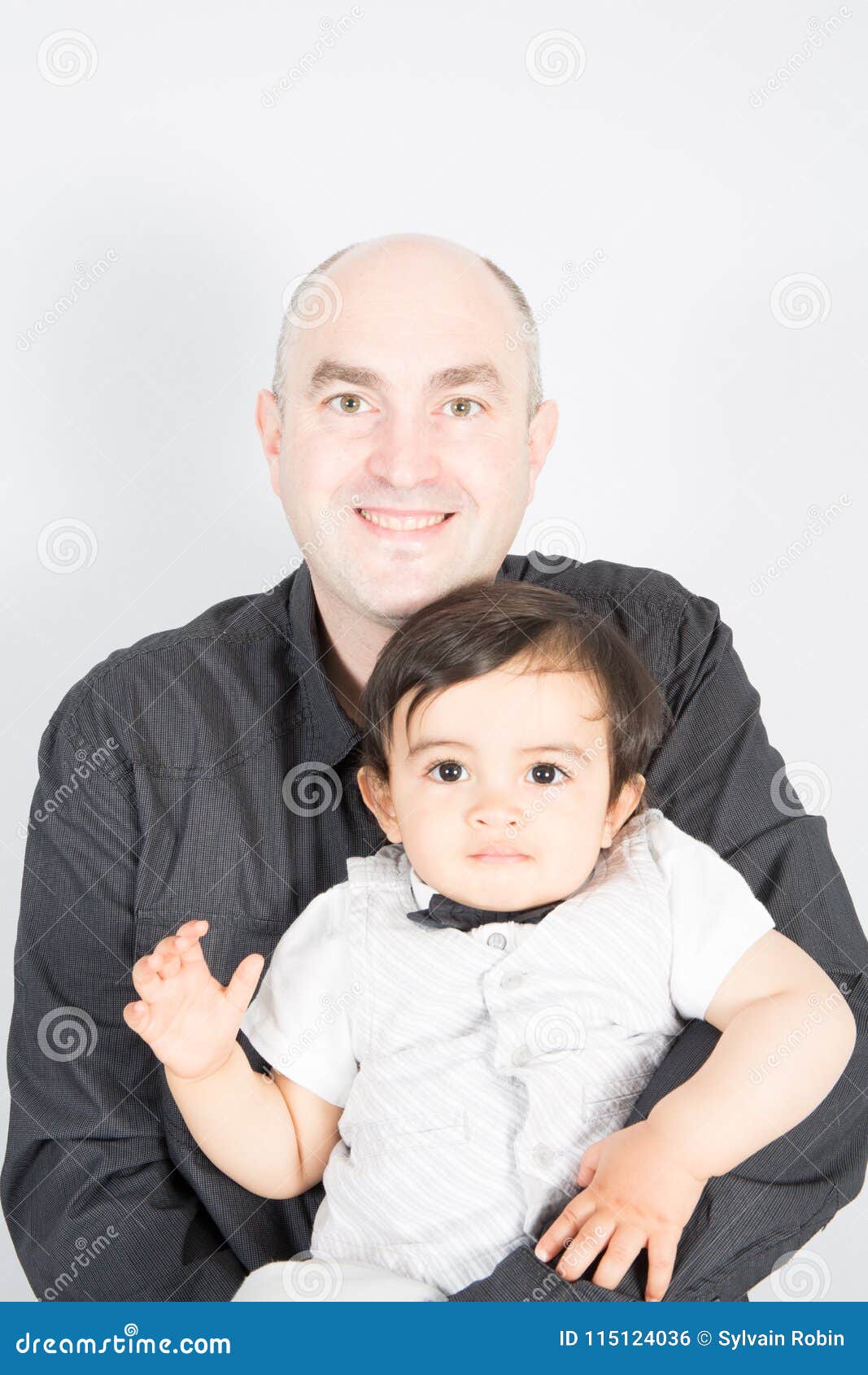 Happy Single Bald Father and Son. Isolated on White Stock Photo - Image ...