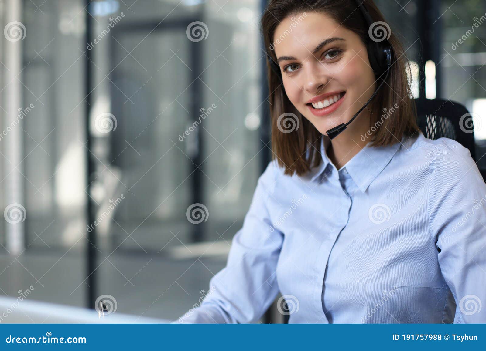 Portrait of Happy Smiling Cheerful Support Phone Operator in Headset at ...