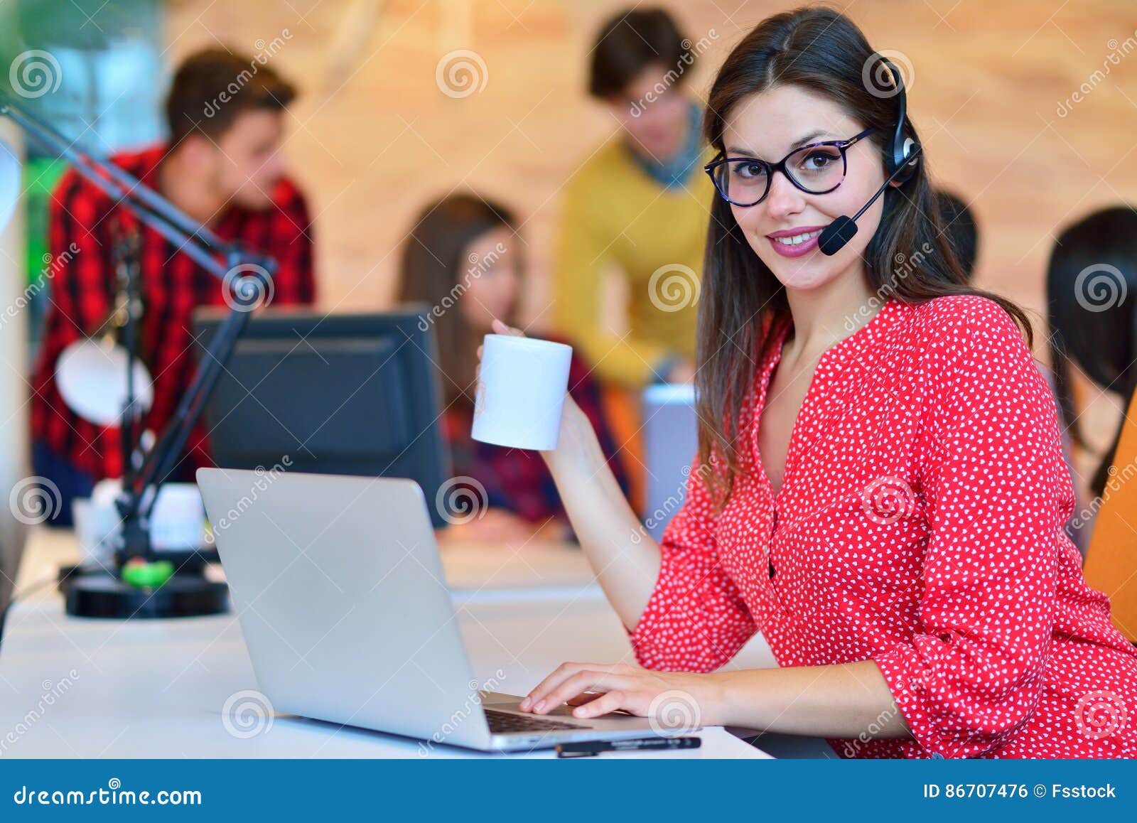 Portrait of Happy Smiling Female Customer Support Phone Operator at ...