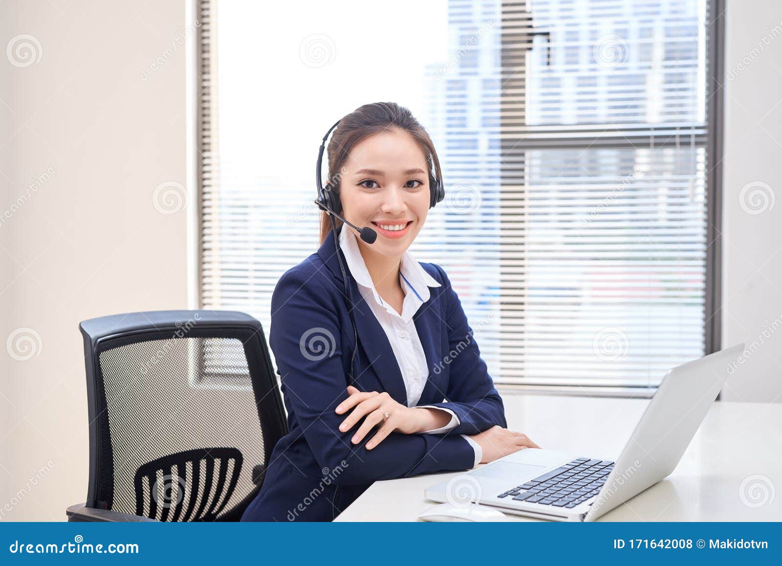 Portrait of Happy Smiling Female Customer Support Phone Operator at ...