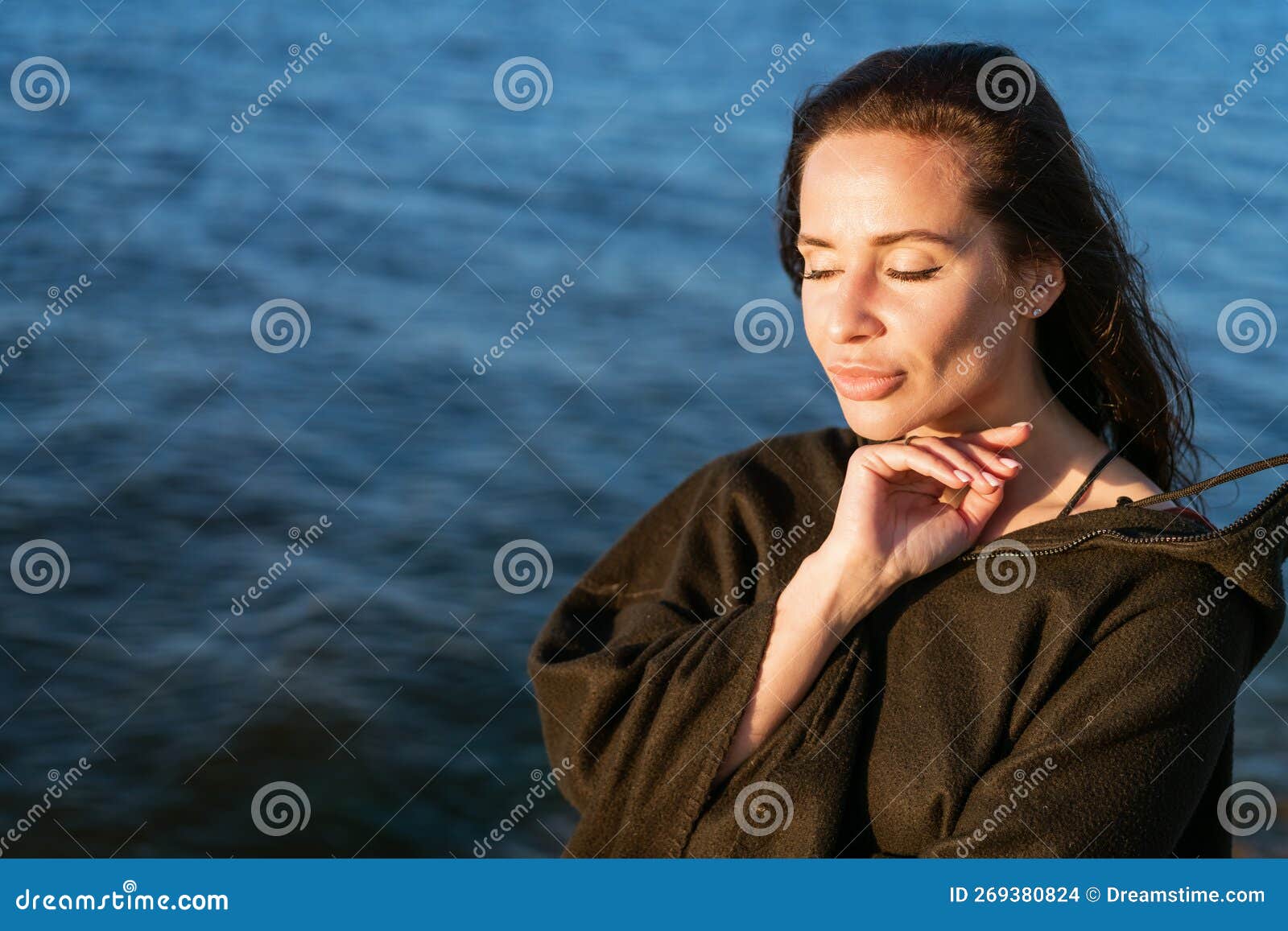 Portrait Happy Smiling Woman On Beach Smiling Sensual Brunette Posing
