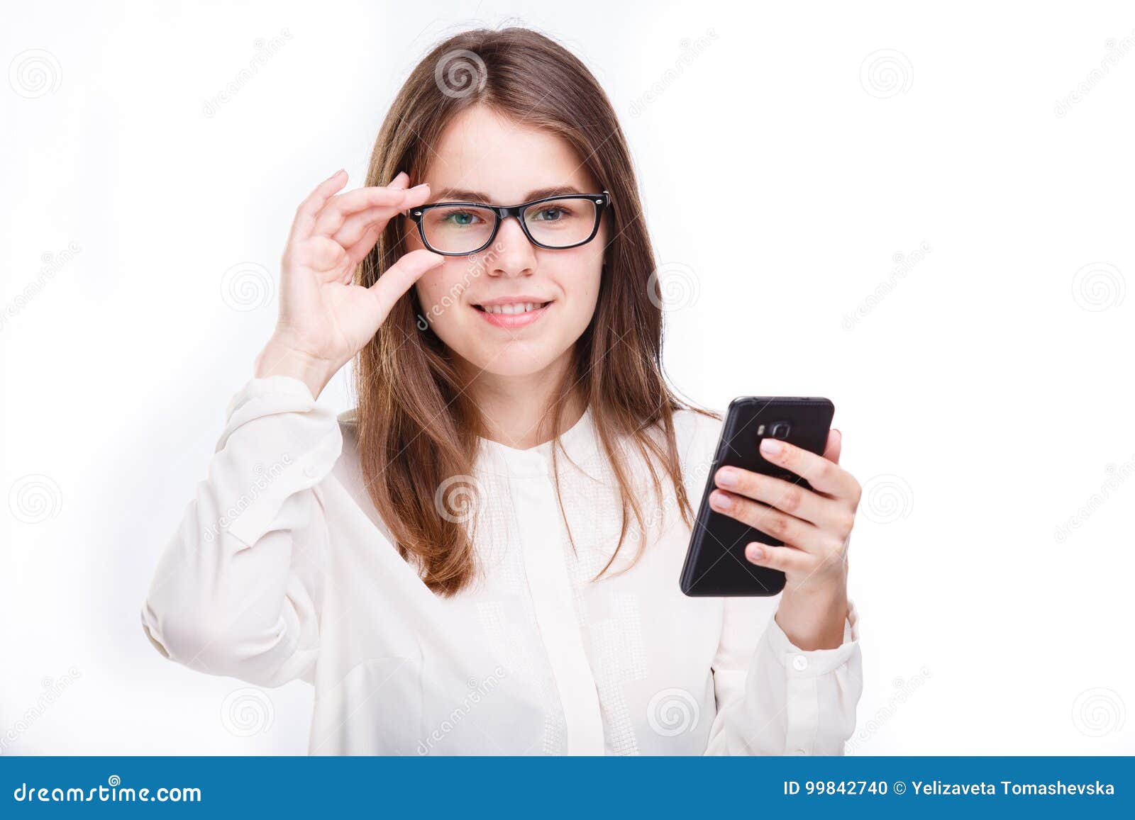 Portrait Happy, Smiling Woman Texting on Her Smart Phone, Isolated ... Portrait Happy, Smiling Woman Texting on Her Smart Phone, Isolated ...