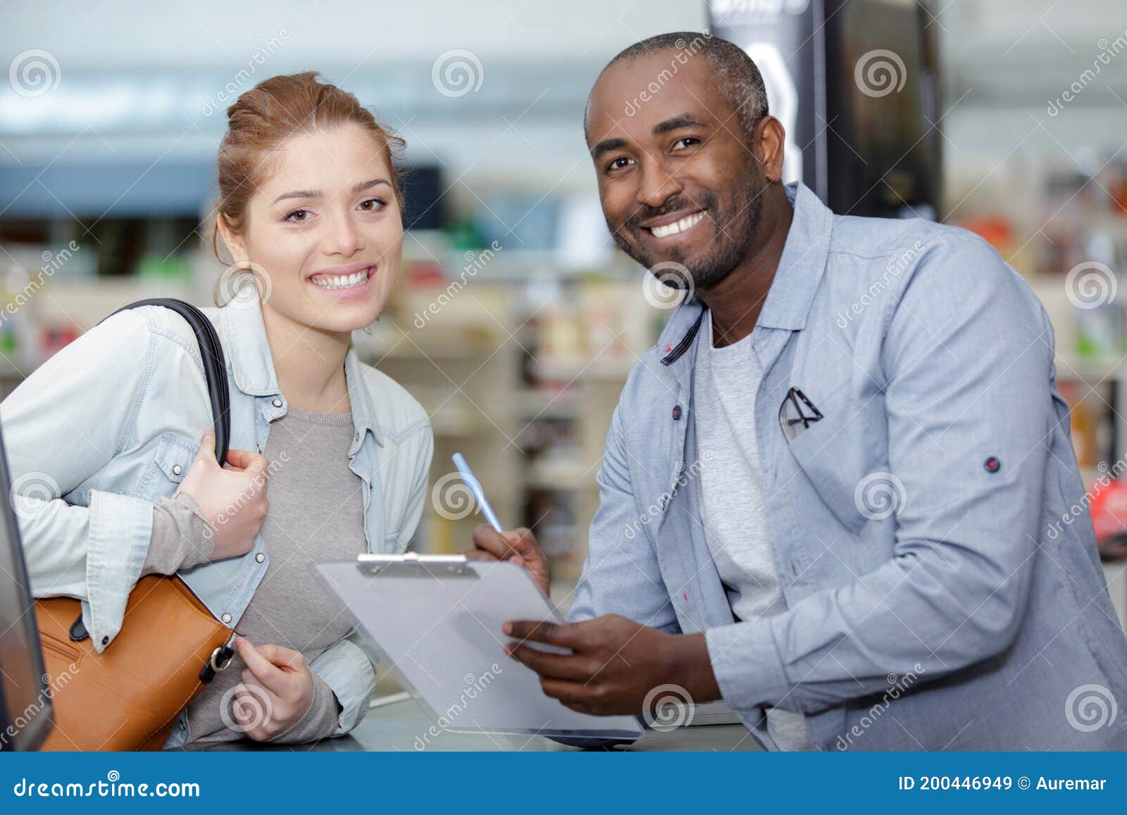 Portrait Happy Staff and Customer Looking at Camera Stock Image - Image ...