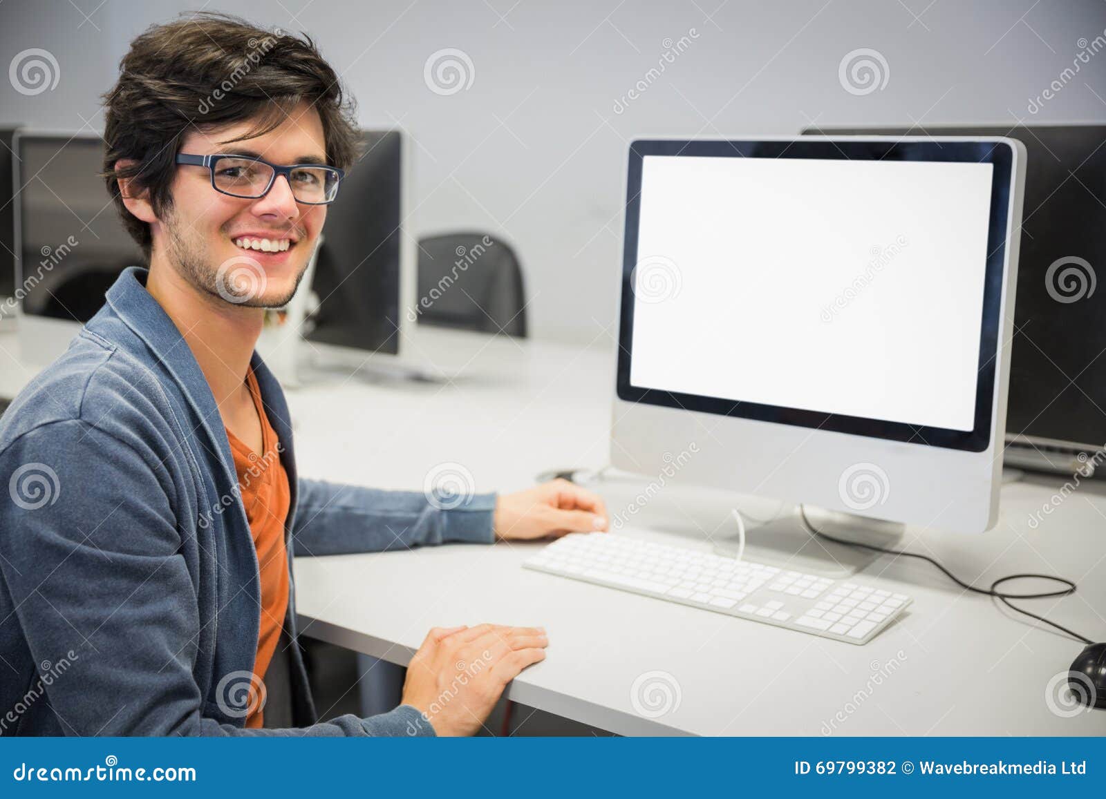 Portrait of Happy Student Using Computer Stock Photo - Image of student ...