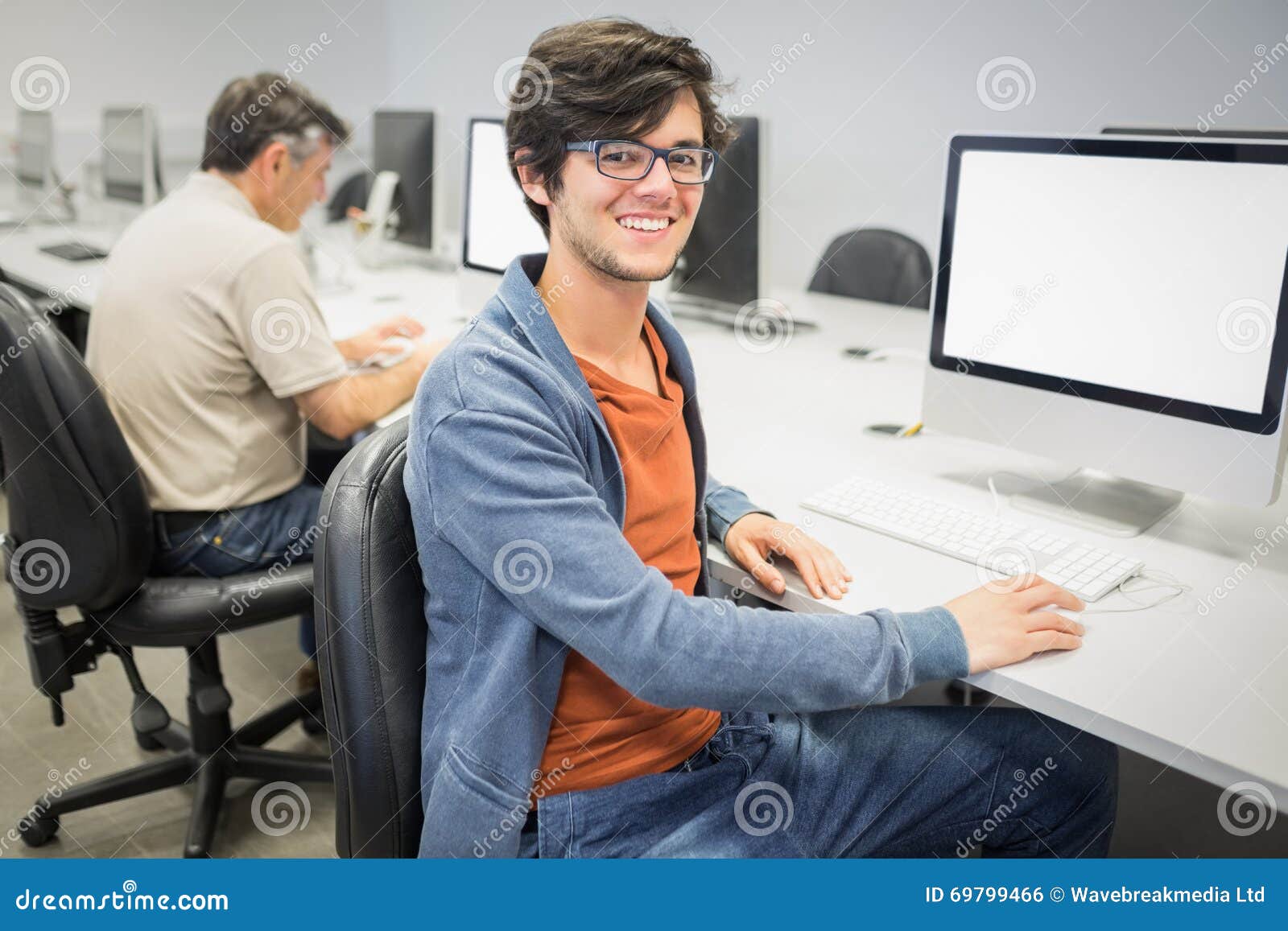 Portrait of Happy Student Using Computer Stock Photo - Image of camera ...