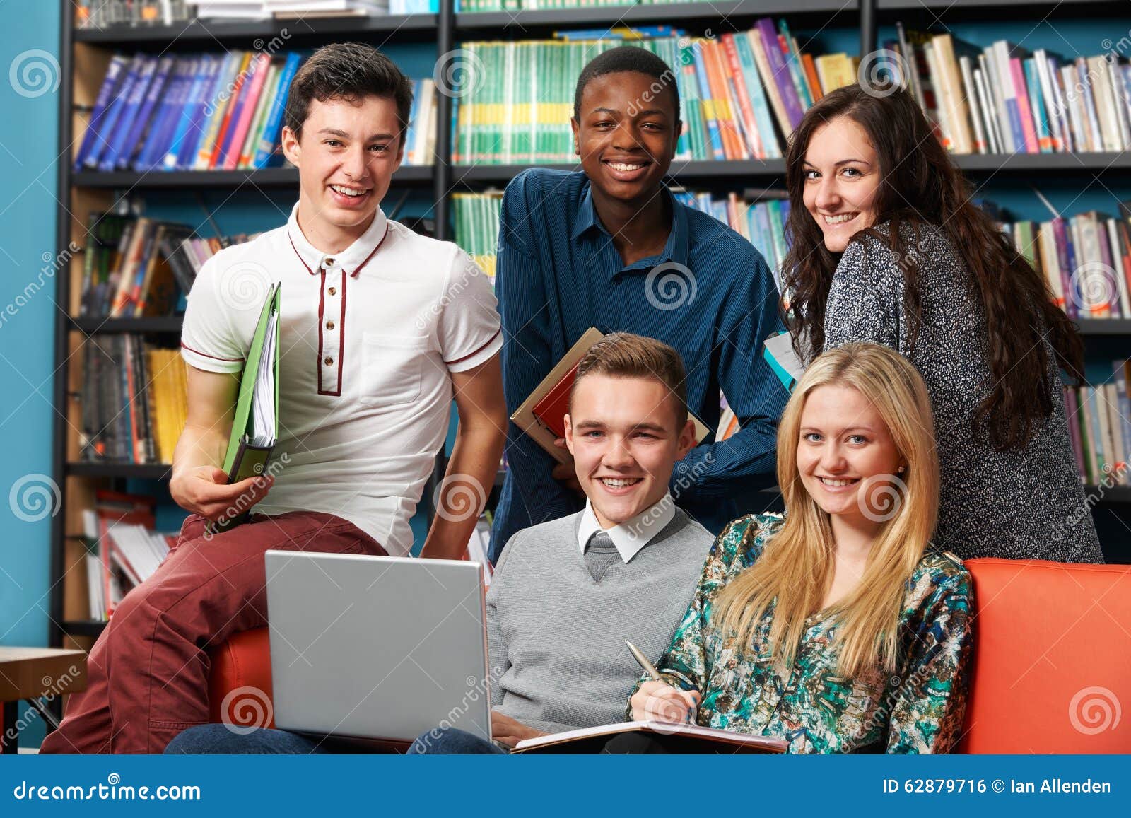 Portrait of Happy Students in Library Stock Photo - Image of girl ...