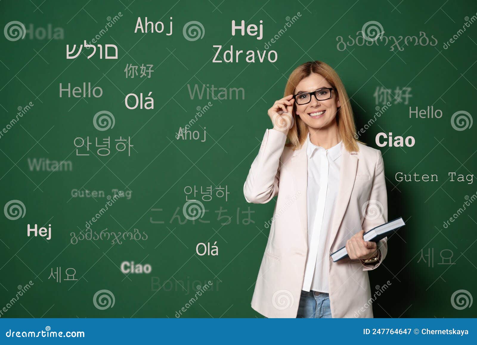 Portrait of Happy Translator and Greeting Words in Different Foreign ...