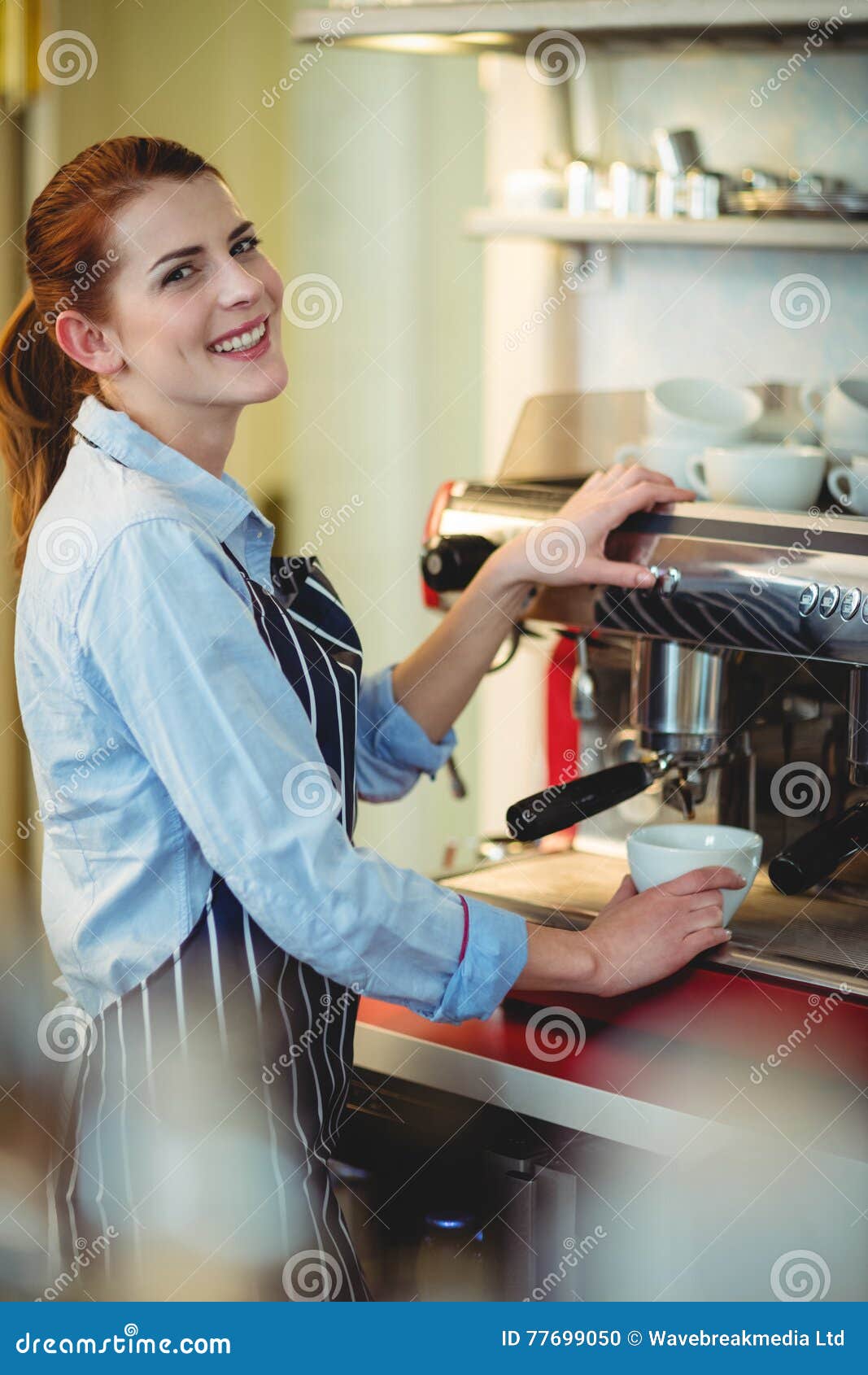 Portrait of Happy Waitress Using Espresso Machine Stock Photo - Image ...