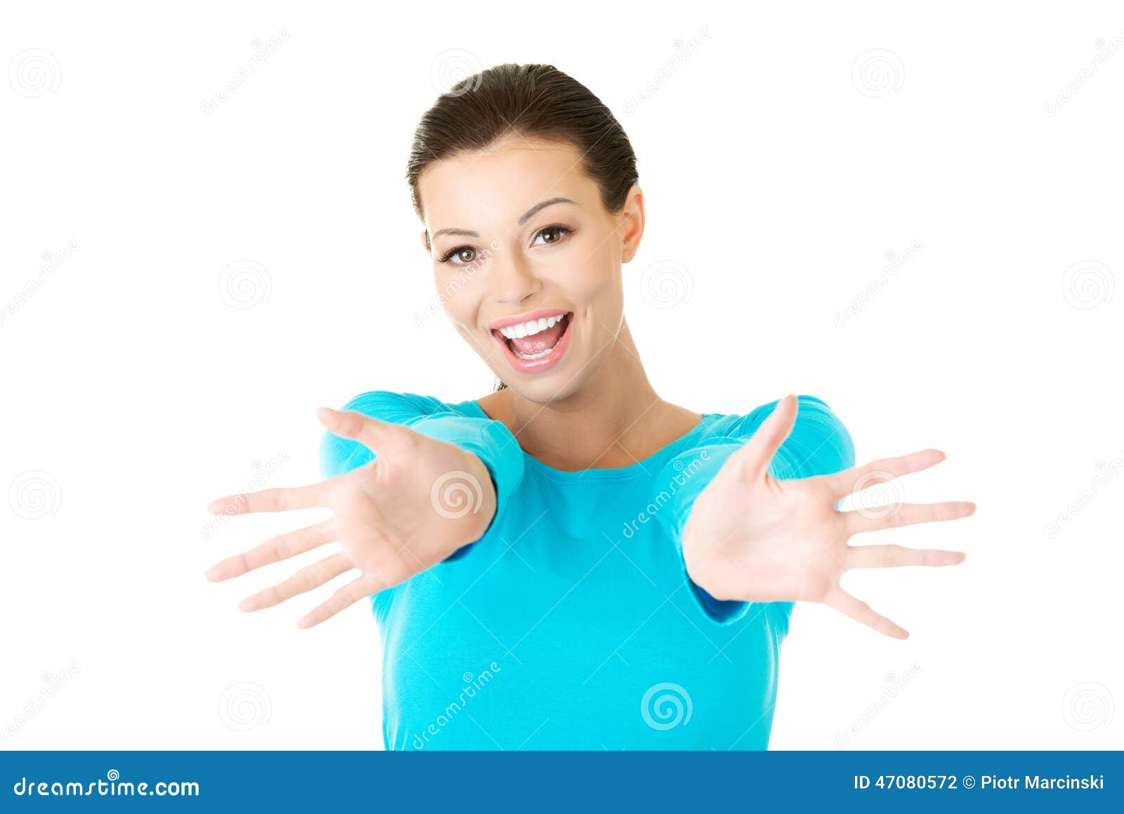 Portrait of a Happy Woman with Open Hands Gesture Stock Photo - Image ...