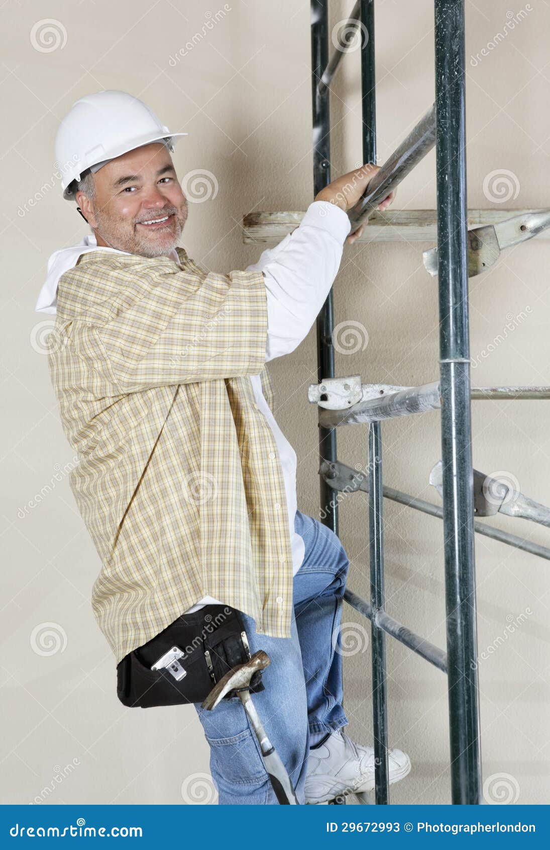 Portrait of a Happy Worker Climbing Scaffold Stock Image - Image of ...