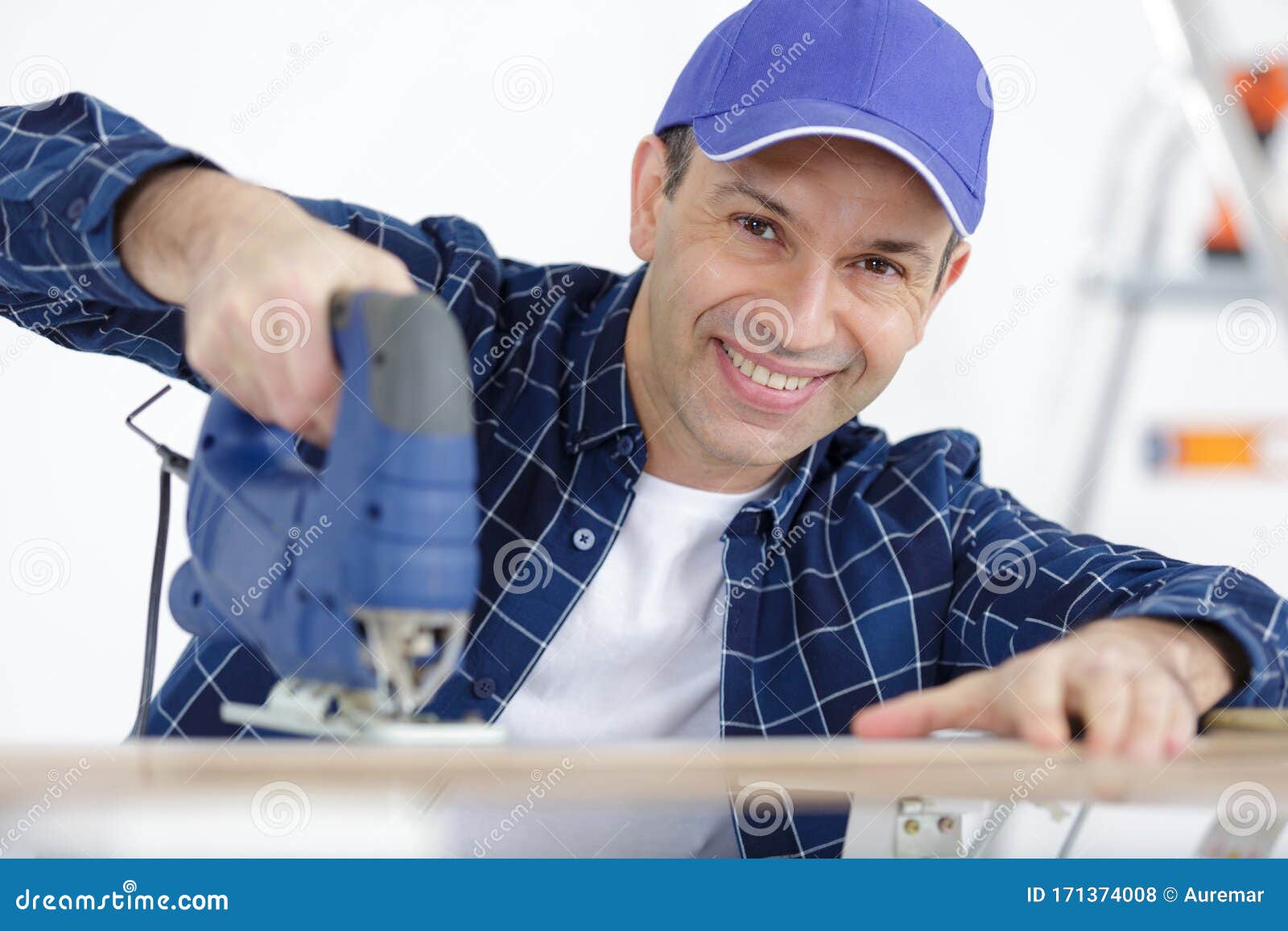 Portrait Happy Worker Operating Wood Cutting Machine Stock Photo ...