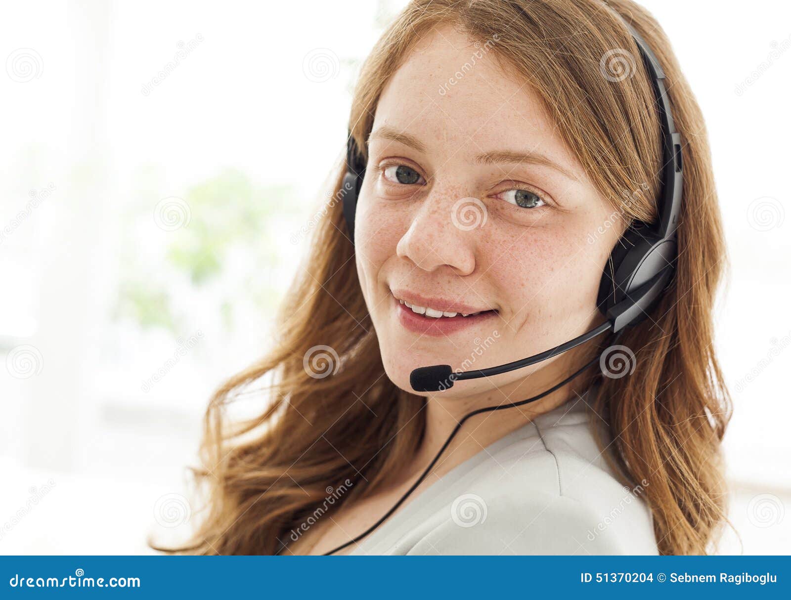Portrait of Happy Young Female with Headset Stock Photo - Image of ...